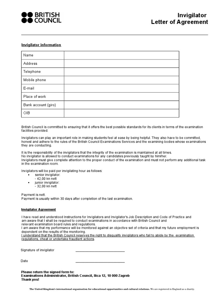 Invigilator Letter of Agreement | PDF