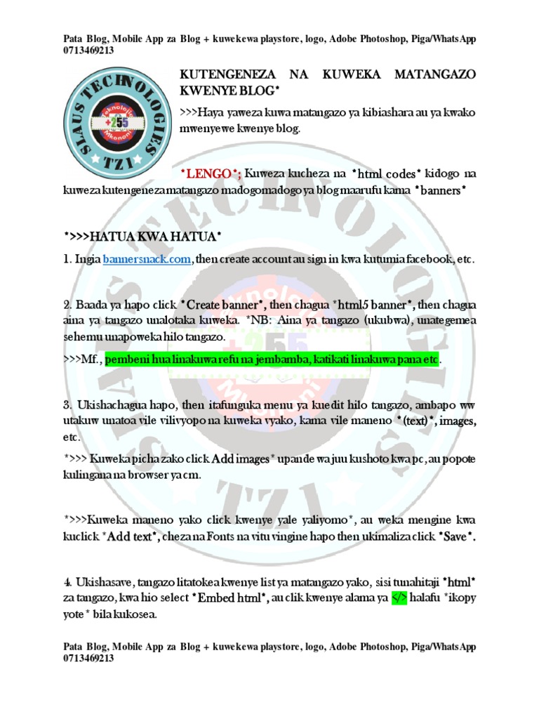 Jinsi Ya Kutengeneza Na Kuweka Matangazo Kwenye Blog | PDF
