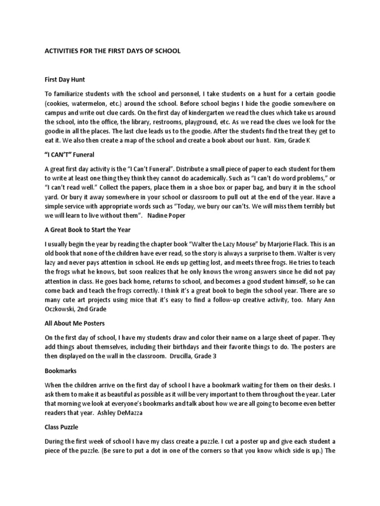 Activities For The First Day of School | PDF | Classroom | Books