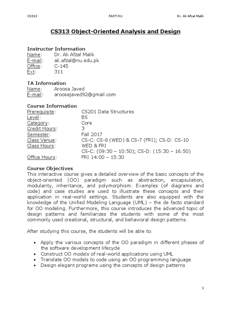 OOAD Detailed Course Outline | PDF | Object Oriented Programming | Unified Modeling Language