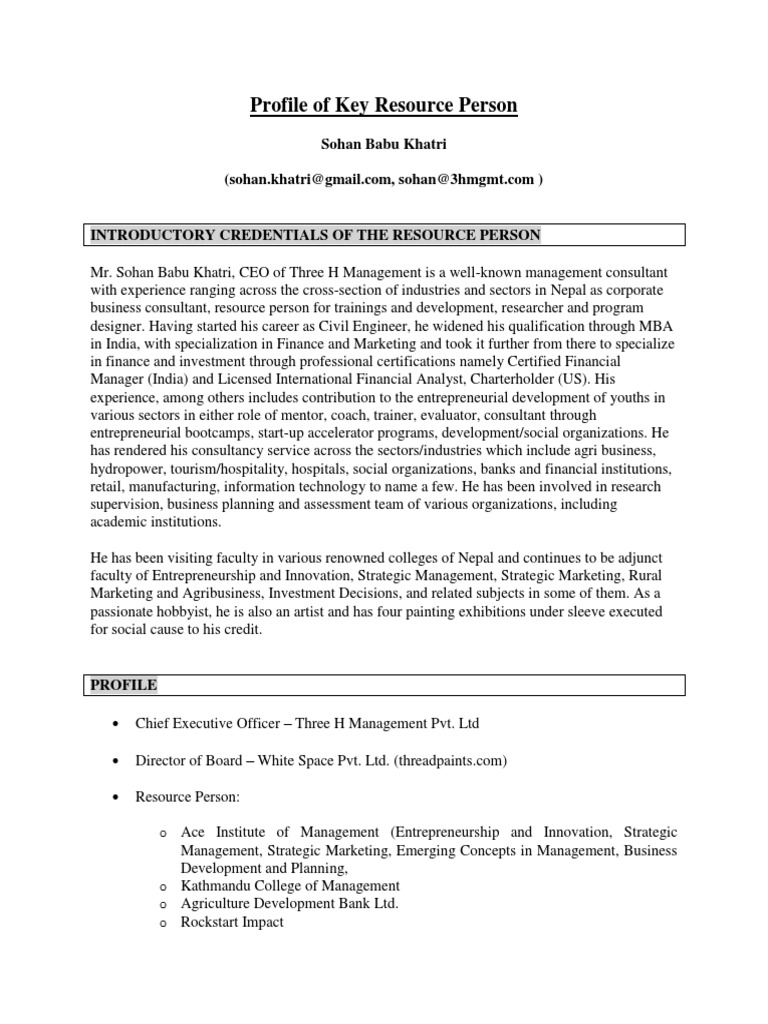 Sohan Babu Khatri: Resource Person Profile | PDF | Master Of Business ...