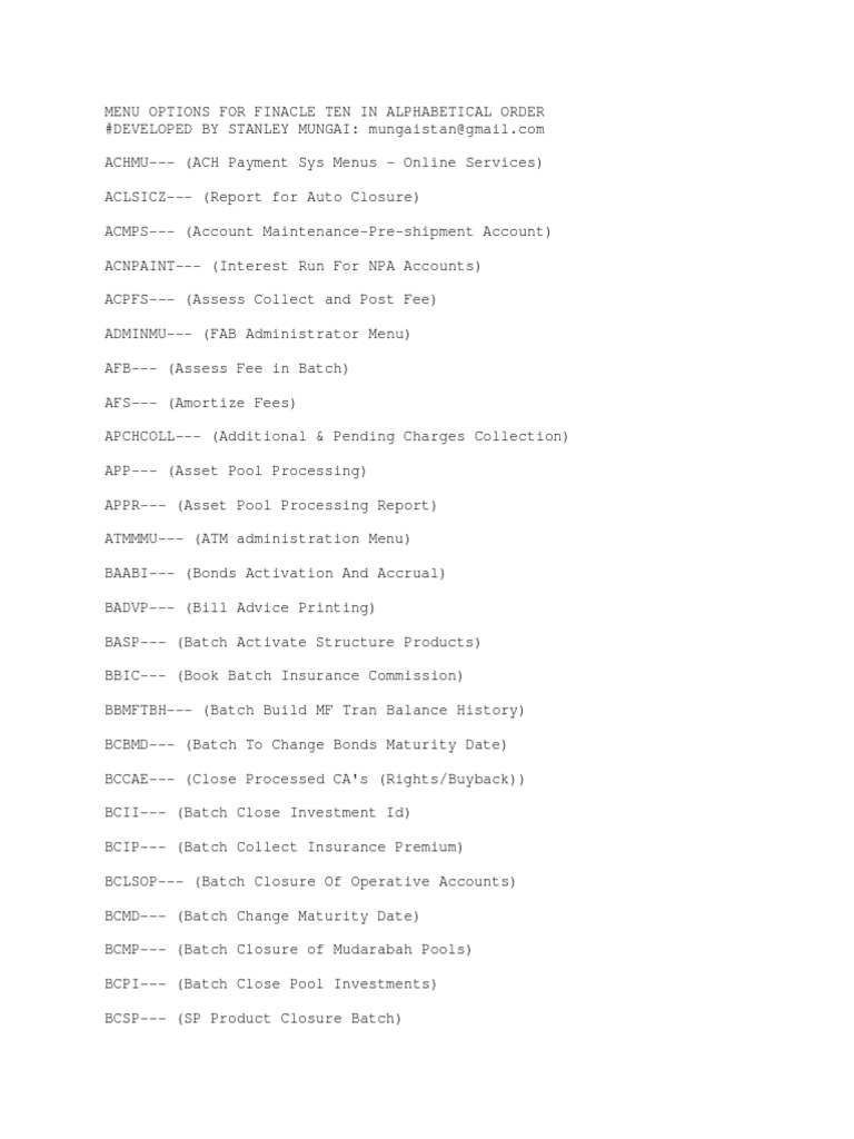 Finacle Ten Menu Options List | PDF | Credit Card | Deposit Account