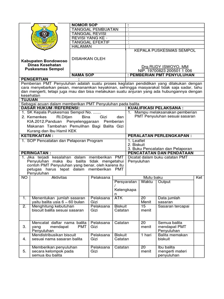 SOP GIZI Pemberian PMT Penyuluhan | PDF