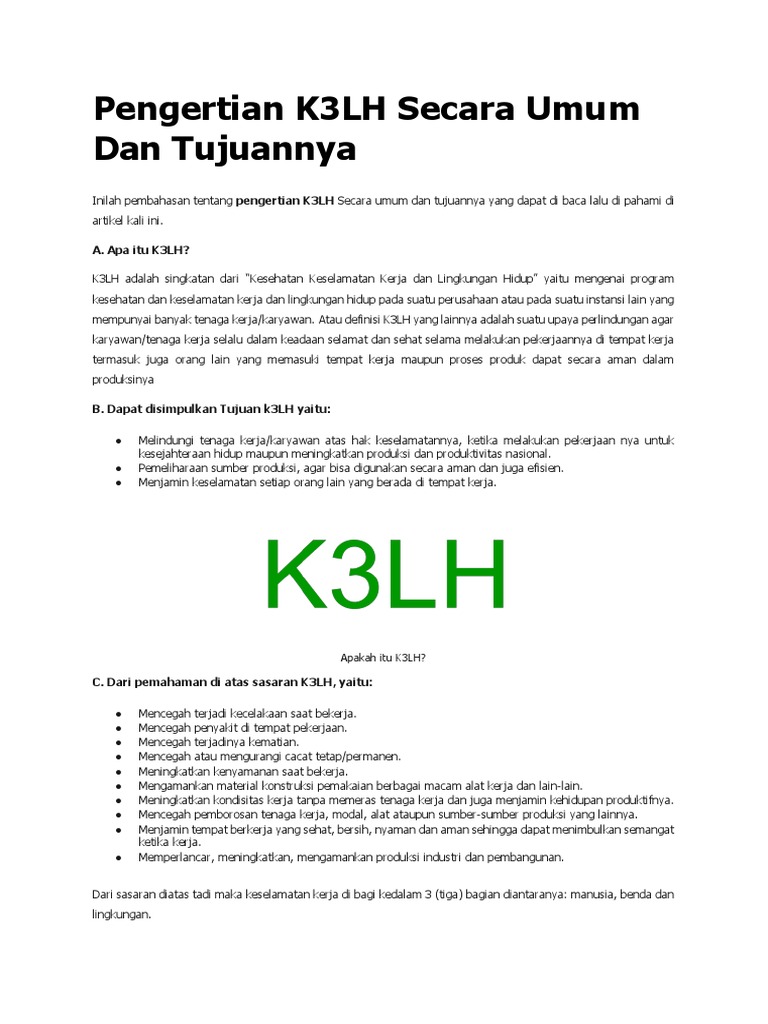 Pengertian K3LH Secara Umum Dan Tujuannya | PDF | Kesehatan Holistik