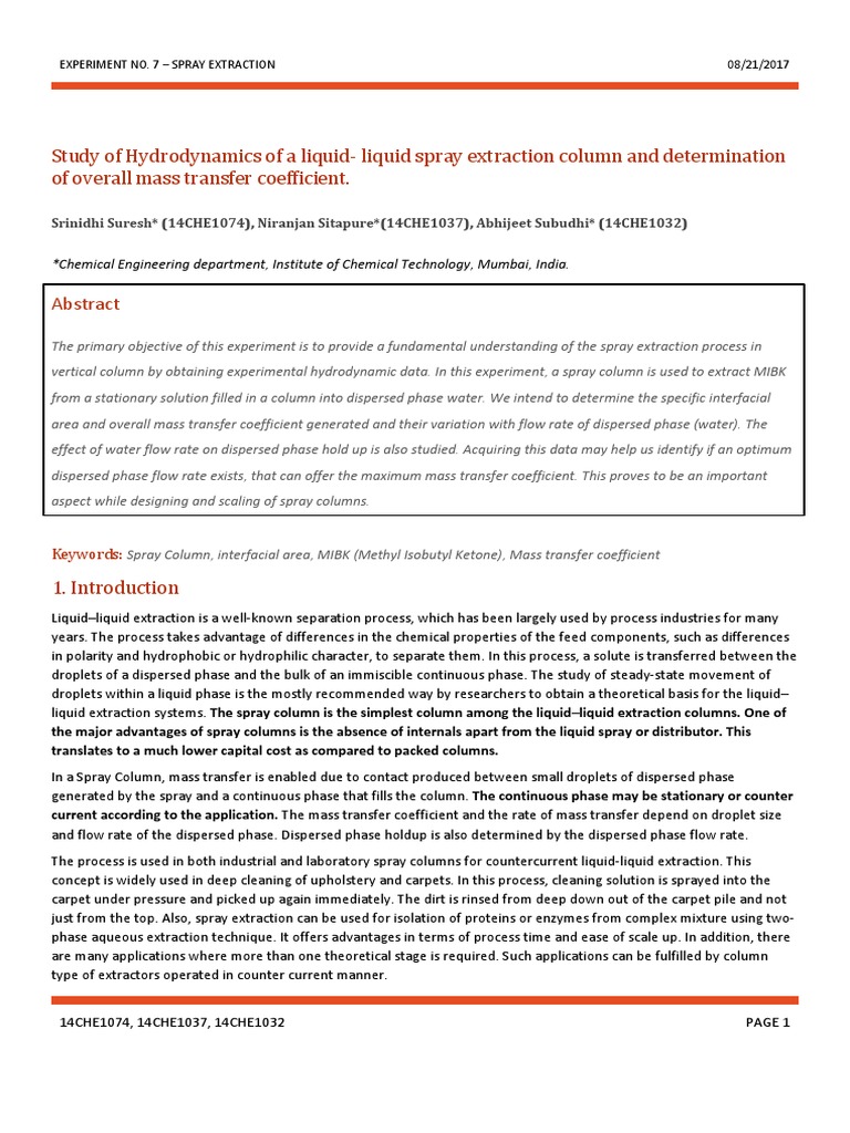 Spray Extraction Mass Transfer Study | PDF | Colloid | Phase (Matter)