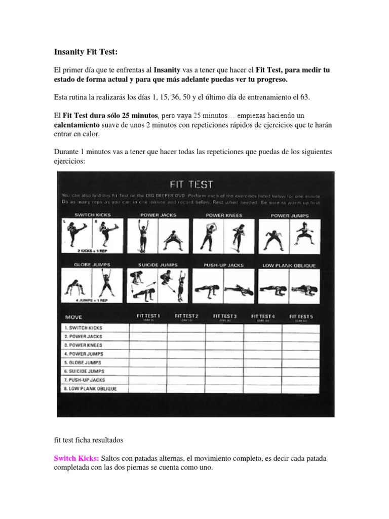 Insanity Fit Test: Guía de Ejercicios | PDF