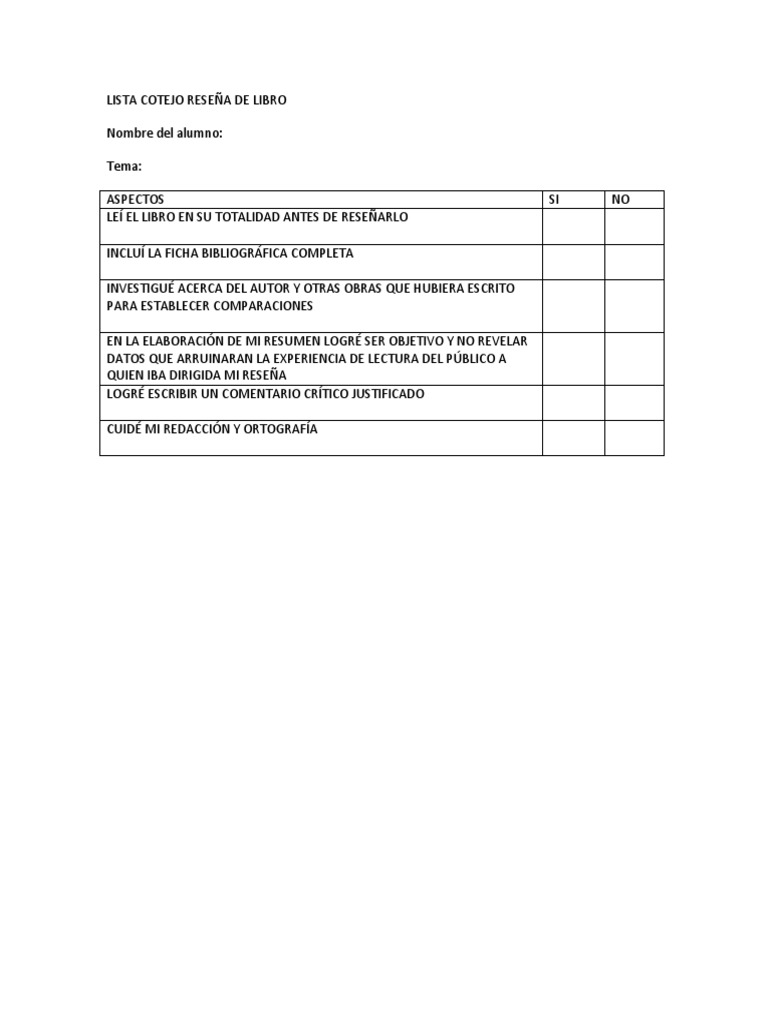 Lista de Cotejo para Libro | PDF