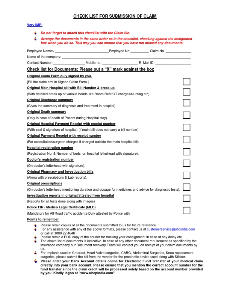 Claim Submission Document Checklist | PDF | Receipt | Hospital
