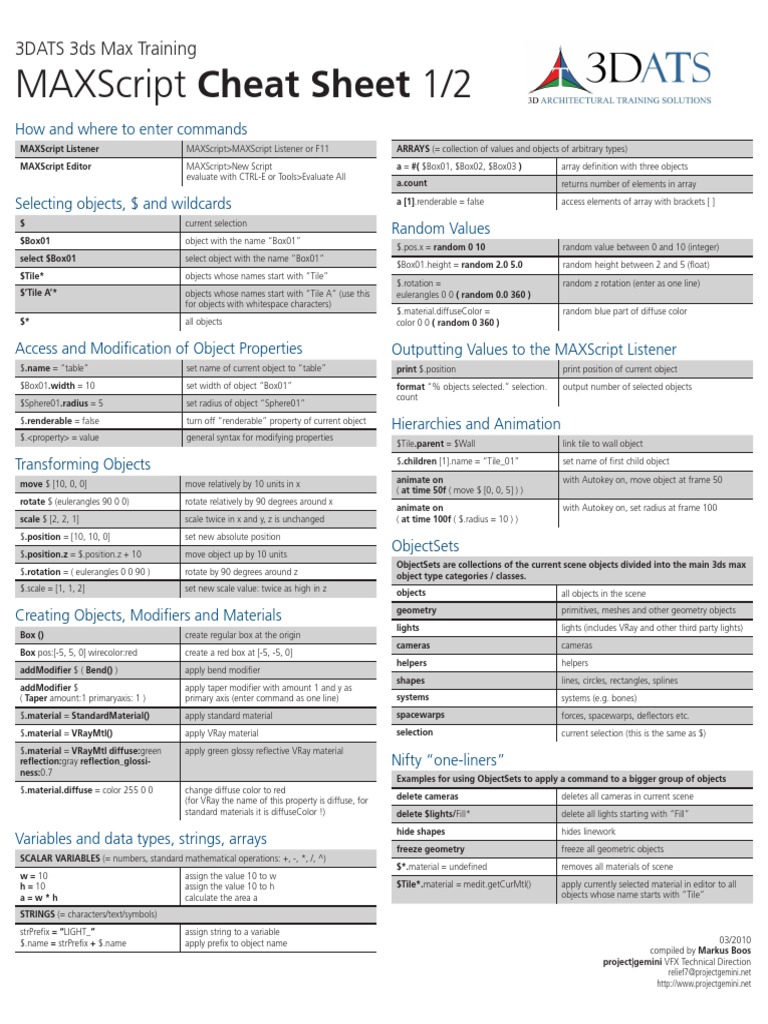3DATS MAXScript Cheat Sheet PDF | PDF