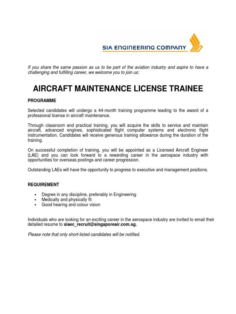 SIAEC Aircraft Maintenance Licence Trainee Programme | PDF