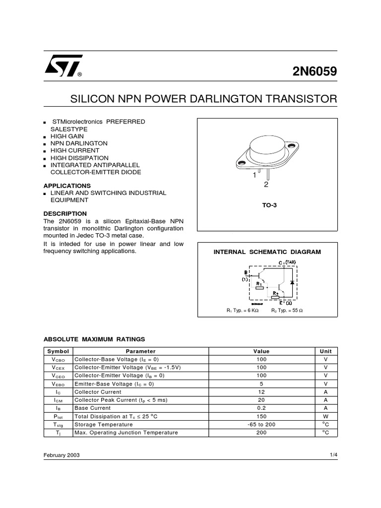 Hoja Caracteristica Trasistor 2N6059 | PDF | Bipolar Junction Transistor | Electrical Equipment