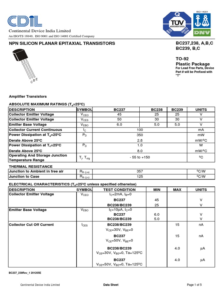 Componente Electronico - BC238 | PDF | Bipolar Junction Transistor ...