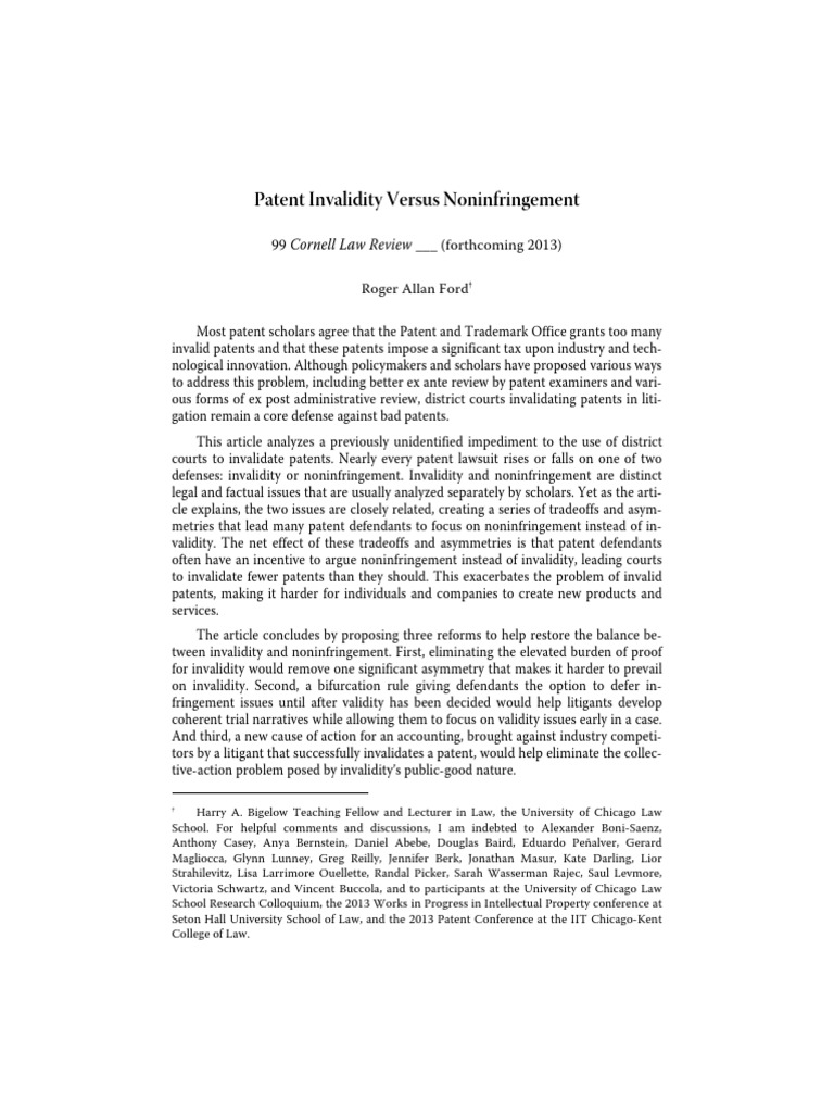 Patent Invalidity Versus Noninfringement: 99 Cornell Law Review ...