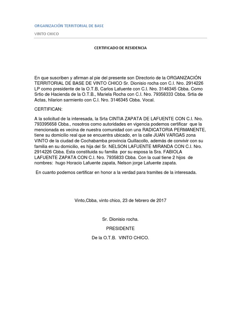 Certificado de Residencia Otb | PDF