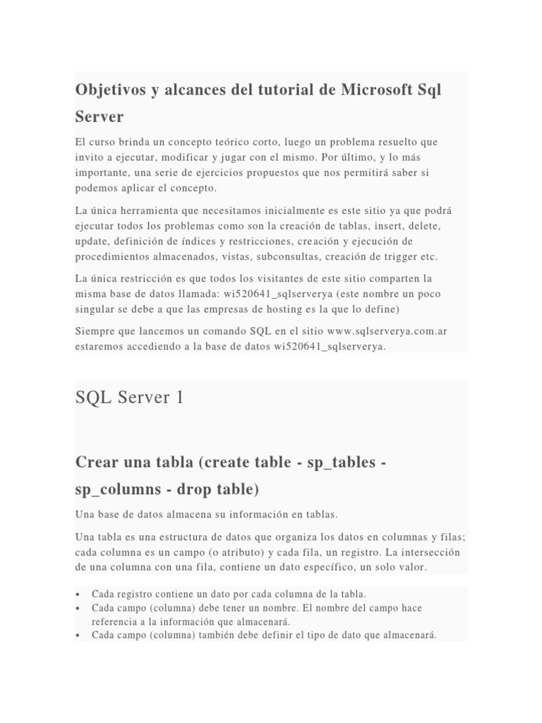 Tutorial de Microsoft SQL Server-Basico | PDF | Tabla (base de datos) | SQL