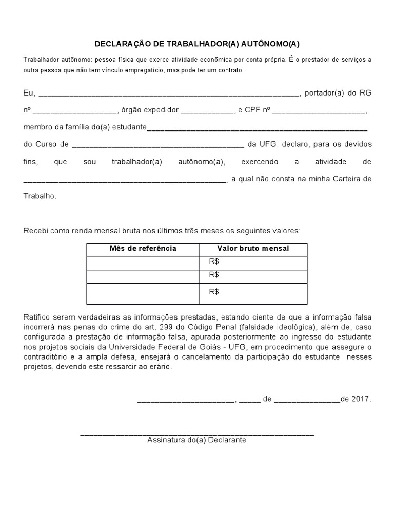Declaração de Autônomo (Doc 1) | PDF