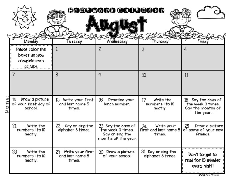 August Homework Calendar | PDF | Sports | Leisure