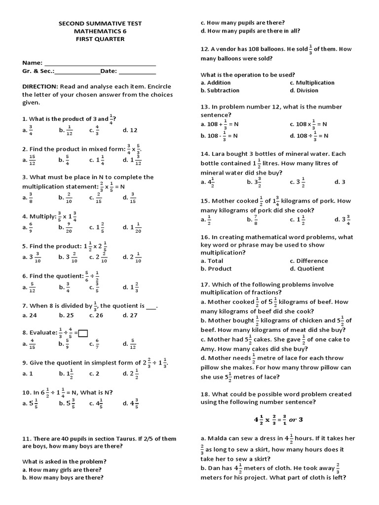 Math 6 First Quarter Test Questions | PDF | Arithmetic | Numbers