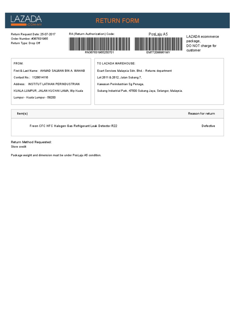 Lazada - Return Form | PDF
