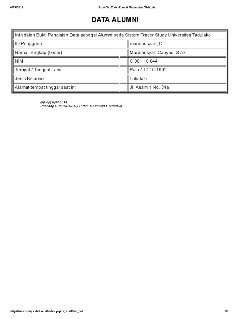 Print Out Data Alumni Universitas Tadulako DIDI | PDF