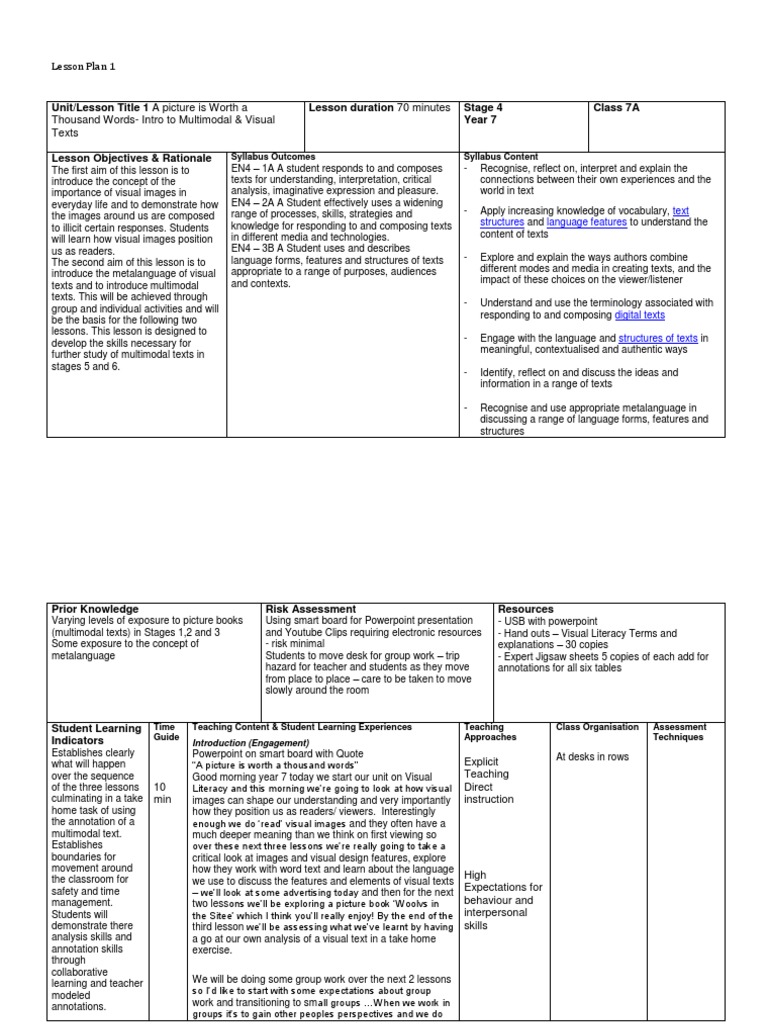 Lesson Plan 1: Unit/Lesson Title 1 A Picture Is Worth A Lesson Duration ...
