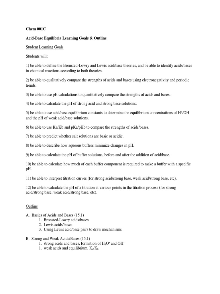 Acid-Base Equilibria Learning Goals | PDF