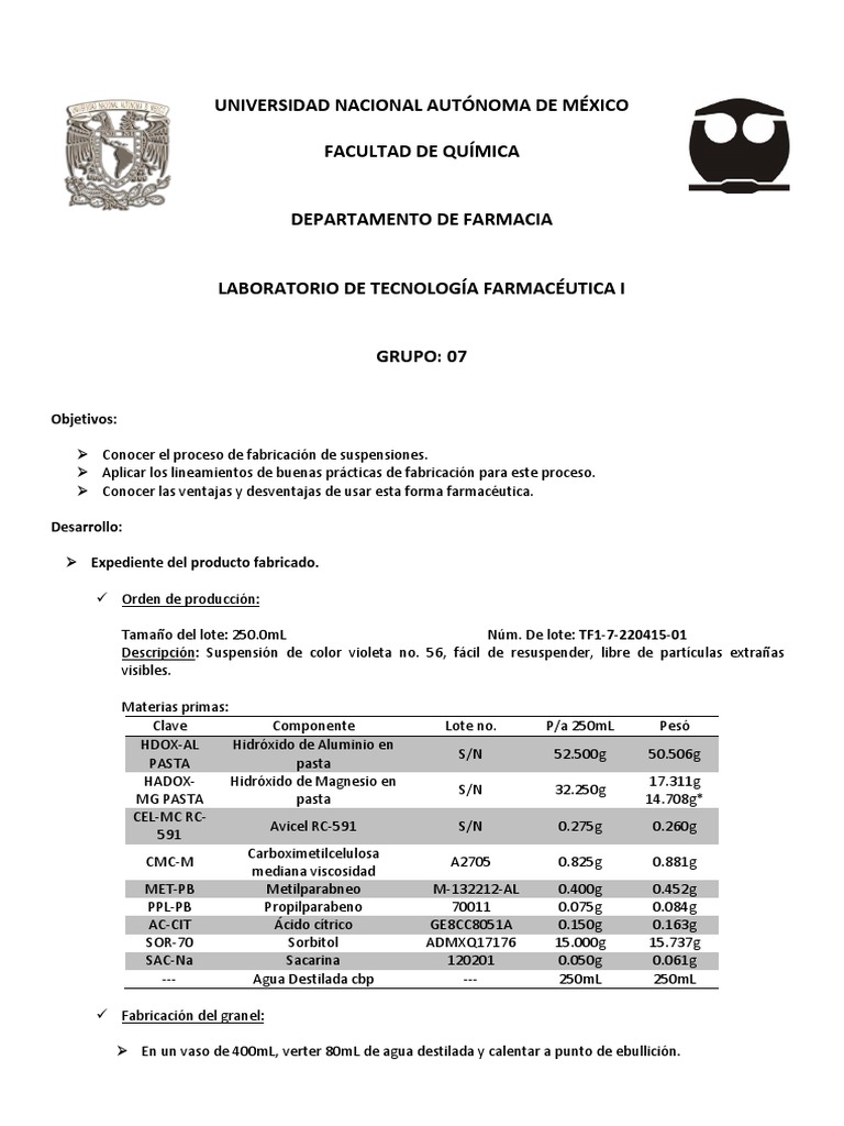 Suspensión Antiácida: Proceso y Resultados | PDF | Aluminio ...
