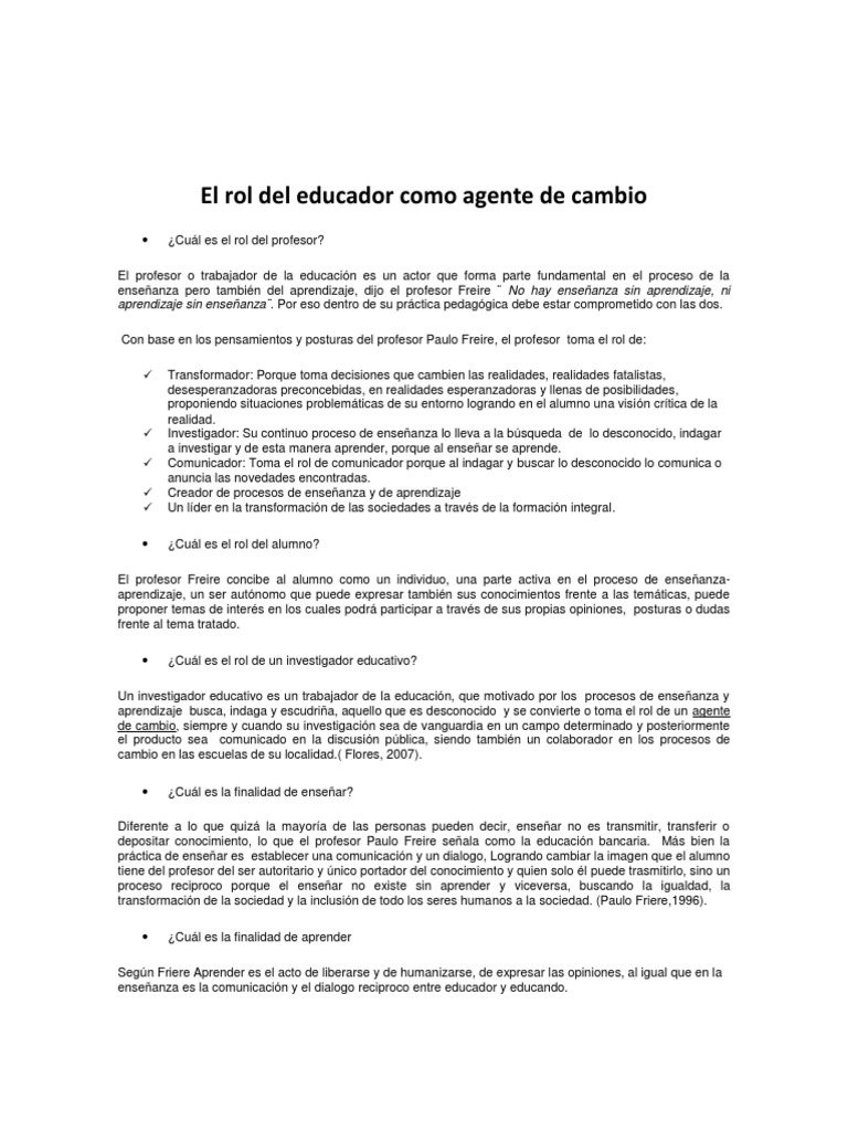 El Rol Del Educador Como Agente De Cambio Pdf Maestros Plan De