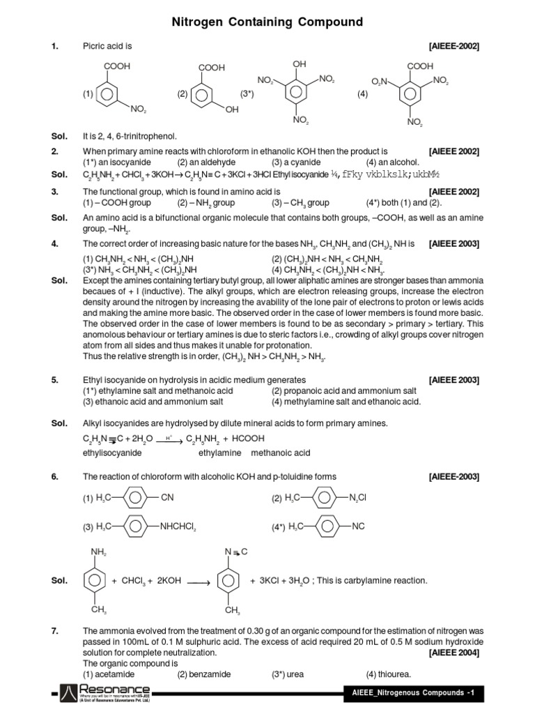 Resonance Booklet of Nitrogen Containig Compound | PDF | Amine | Acid