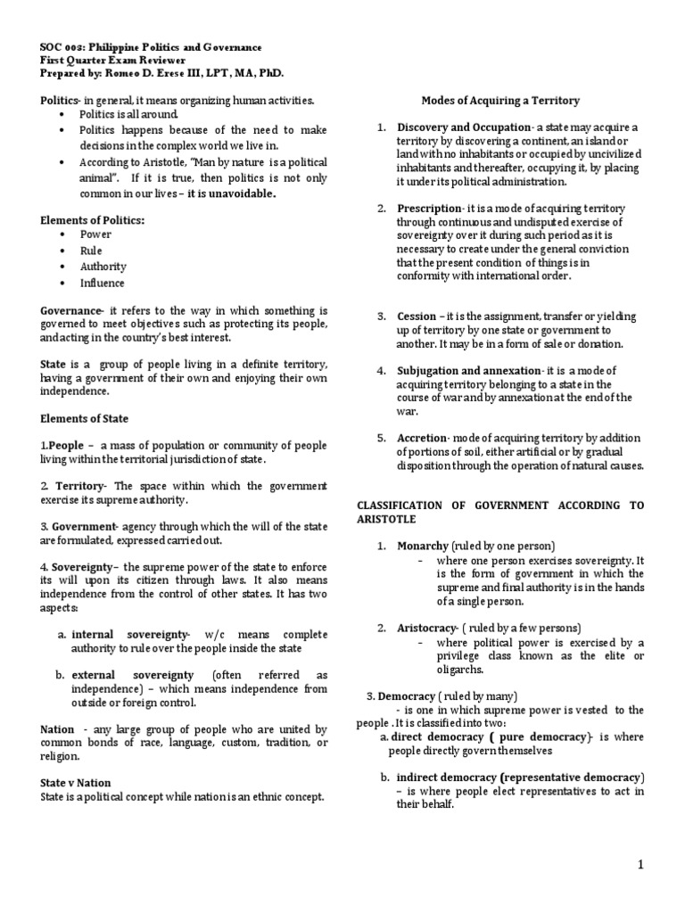 Reviewer-Philippine Politics and Governance | Social Sciences | Sovereignty