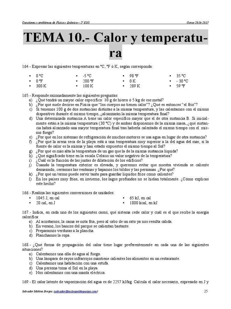Ejercicios Del Tema 10 (Calor y Temperatura) | PDF | Celsius | Temperatura