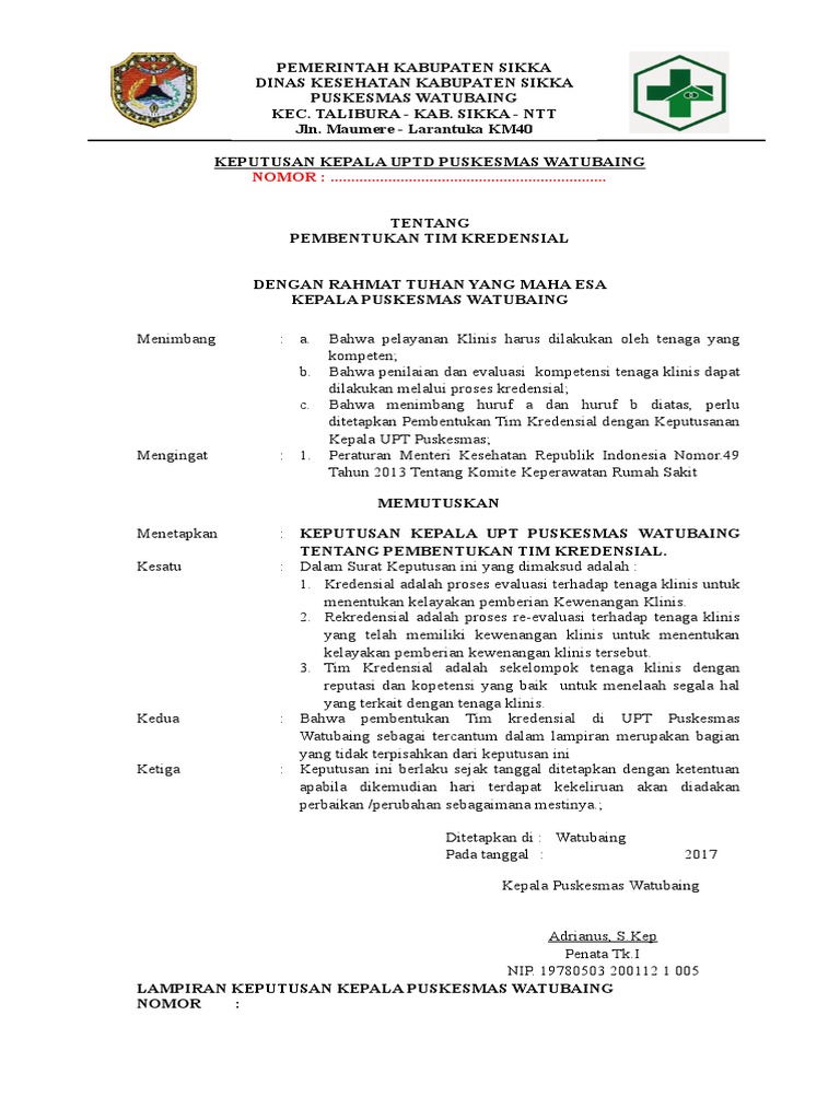 8.7.1.3 SK Pembentukan Tim Kredensial Puskesmas WTB | PDF | Sains & Matematika