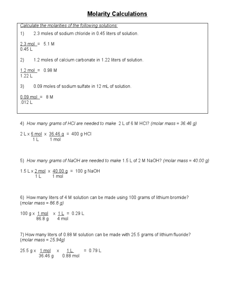 Molarity Calculations Key | PDF | Teaching Methods & Materials ...