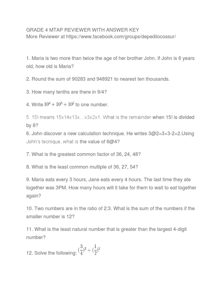 Grade 4 Mtap Reviewer With Answer Key | Numbers | Physics & Mathematics