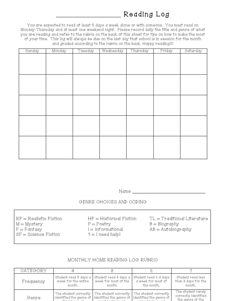 Monthly Reading Log Calendar Rubric Genre Code Guide | Download Free ...