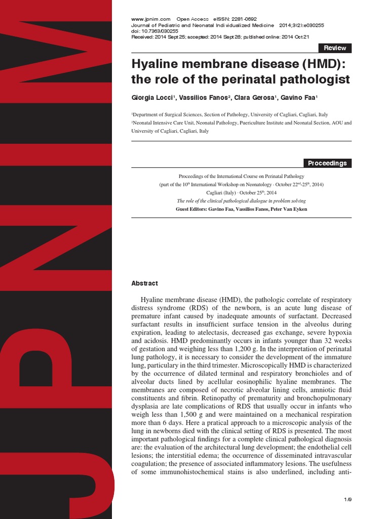 Hyaline Membrane Disease (HMD) : The Role of The Perinatal Pathologist ...
