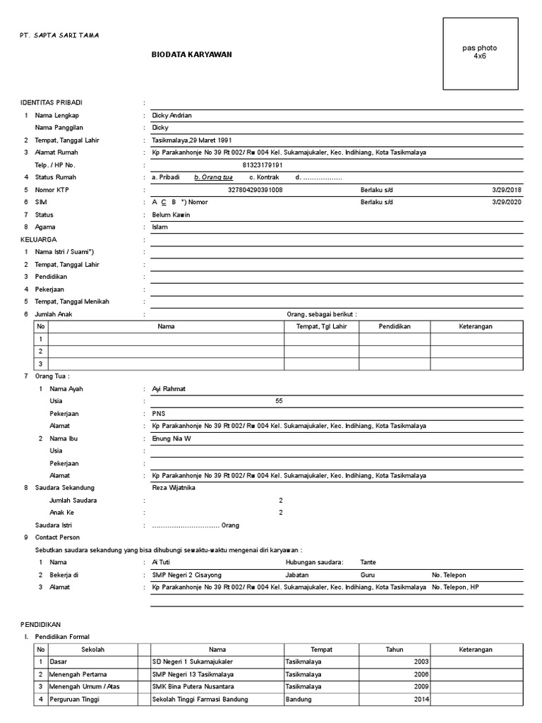 Form Biodata Karyawan | PDF