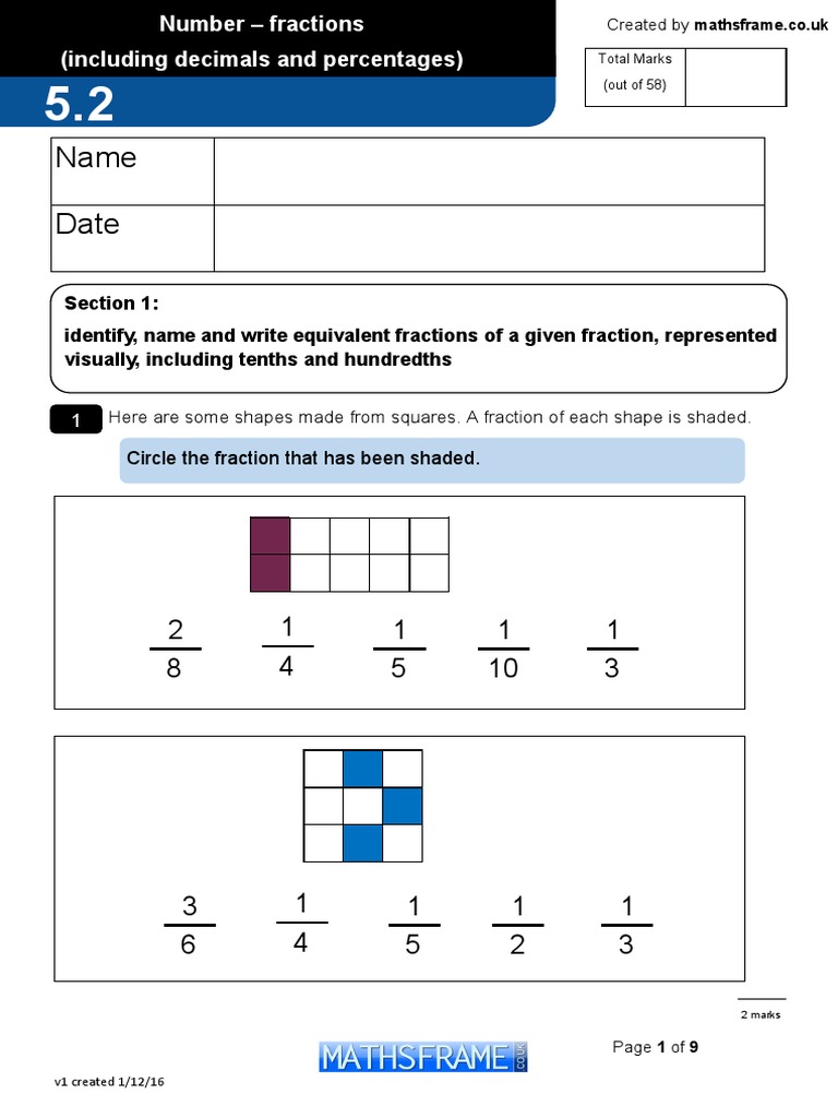 Number Fractions Including Decimals and Percentages Y5 Test2 | PDF ...