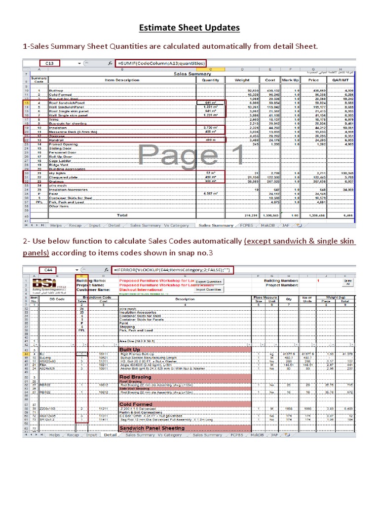 S Update Estimate Sheet: 1-Sales Summary Sheet Quantities Are ...