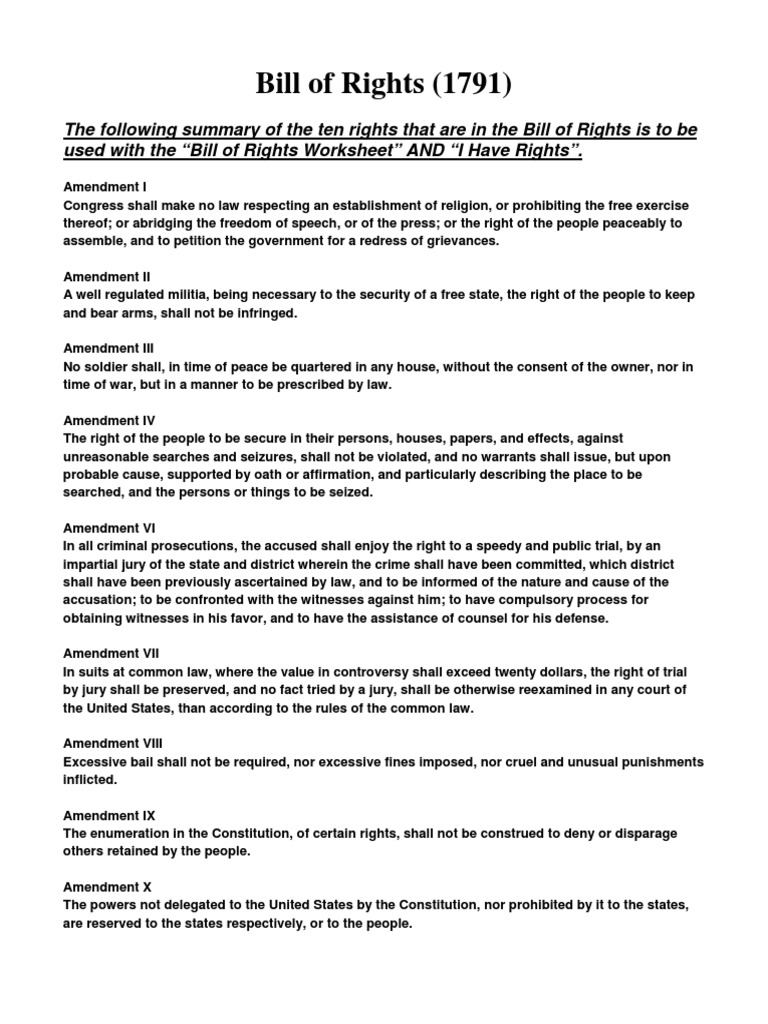 Bill of Rights Summary and Worksheets | PDF | United States Bill Of ...