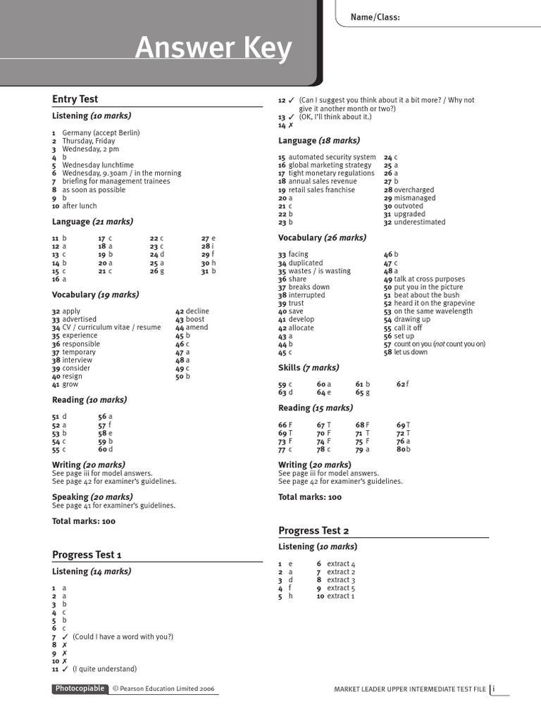 Answer Keys Market Leader Upper Inter PDF | PDF | Risk | Economies