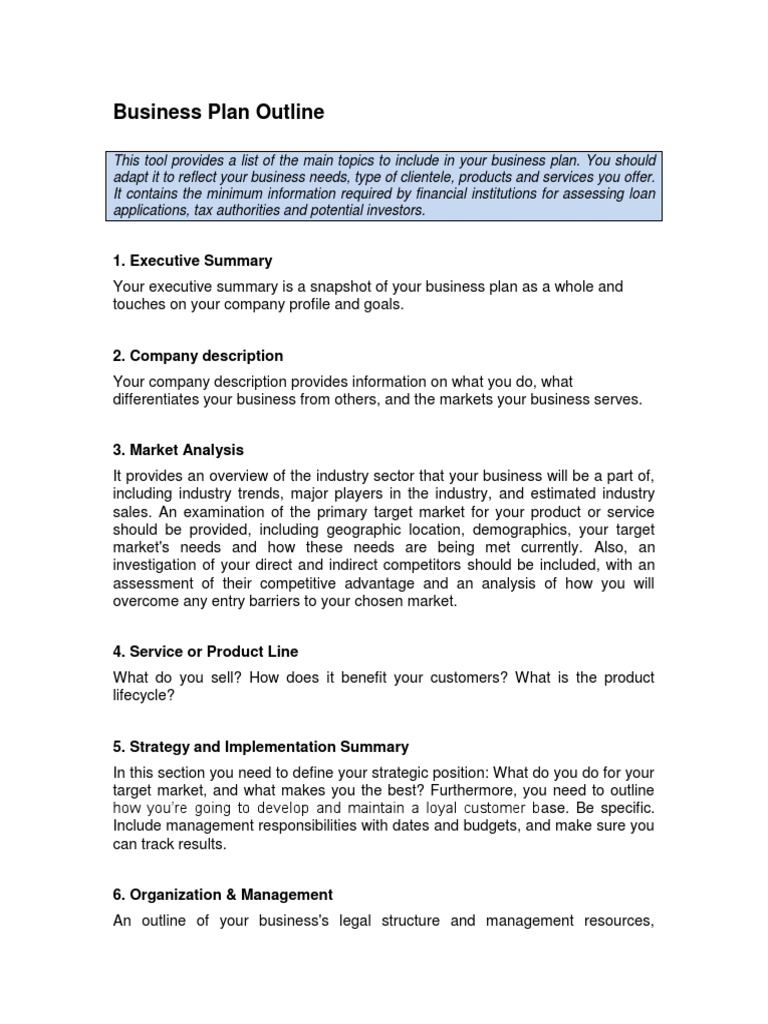 Business Plan Outline: 1. Executive Summary | PDF