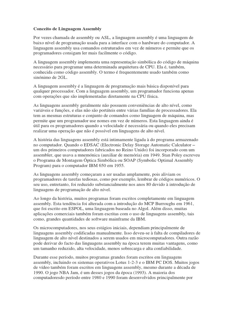 Conceito de Linguagem Assembly | PDF | Linguagem Assembly | Memória de ...