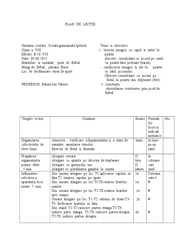 Plan Lectie Fotbal Clasa 8 Educatie fizica
