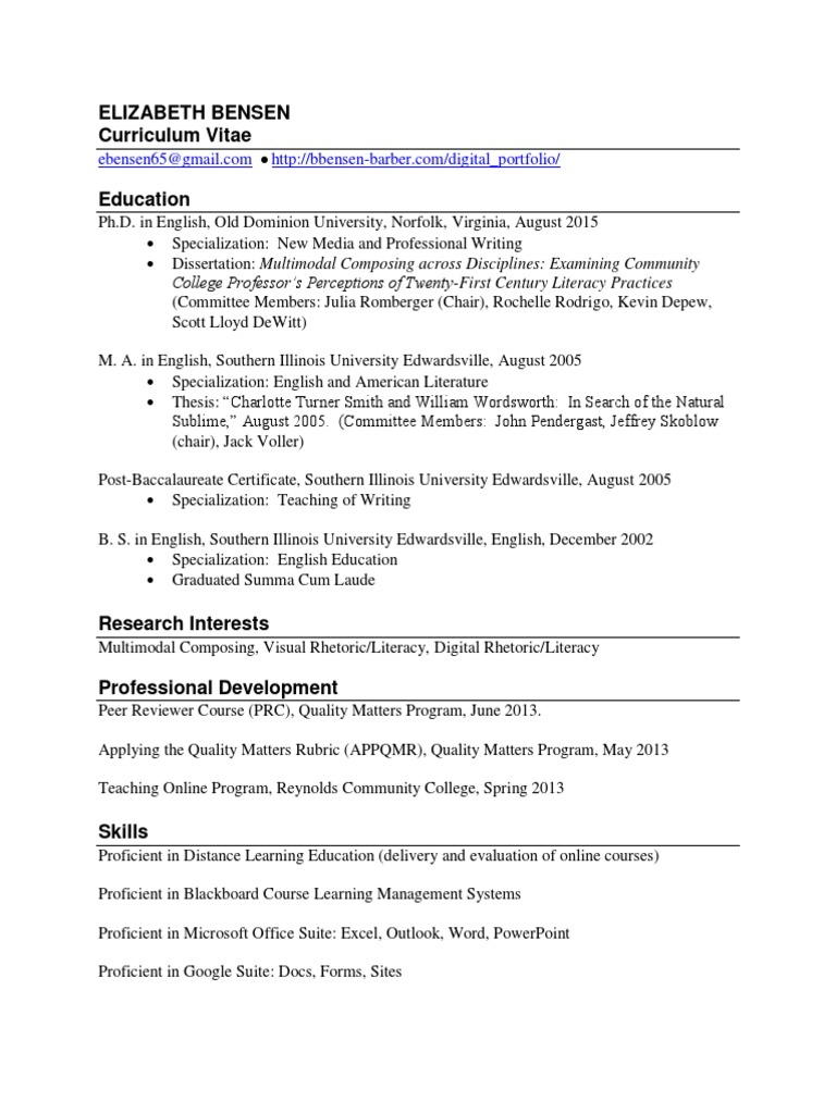 Elizabeth Bensen CV (2017) | PDF | English Studies | Information Literacy