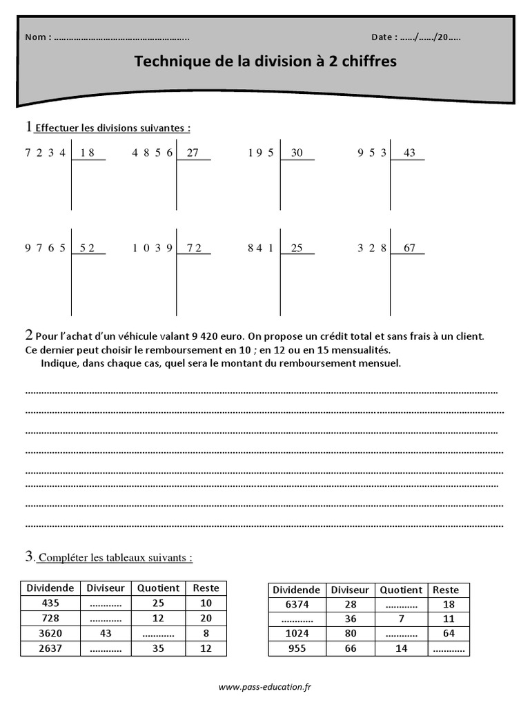 Technique de La Division À 2 Chiffres Cm1 Exercices À Imprimer | PDF ...