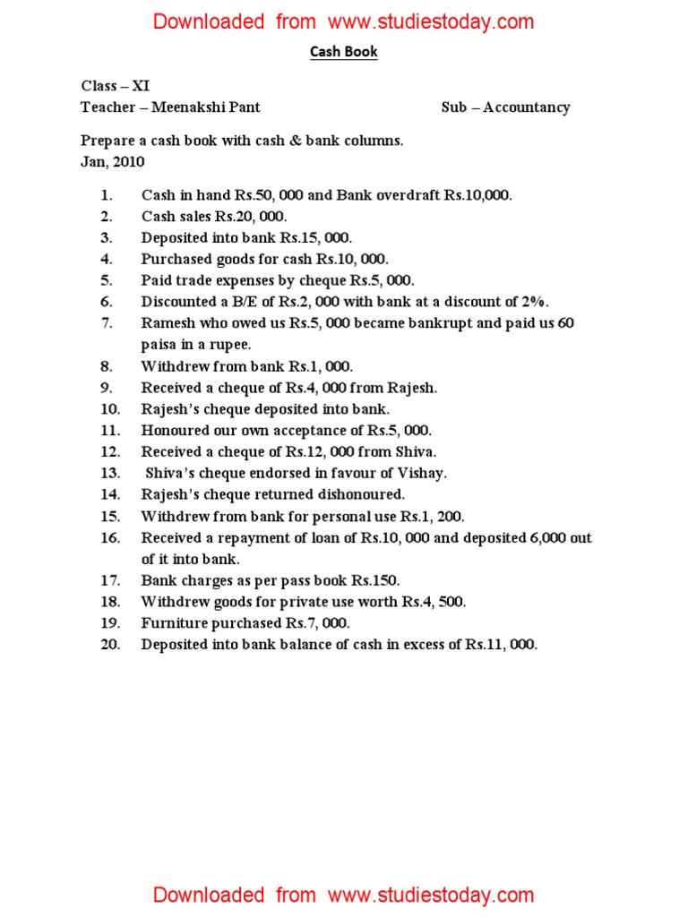 Class 11 Cash Book Practice Questions | PDF | Business | Finance ...