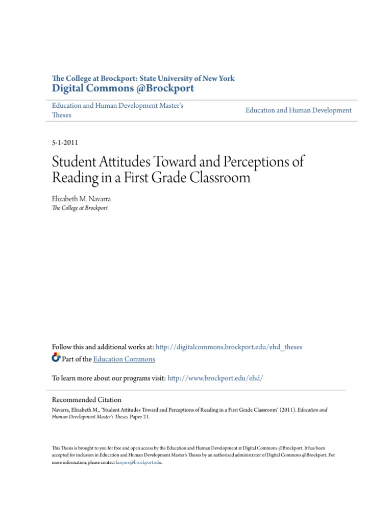 Student Attitudes Toward and Perceptions of Reading in A First GR | PDF ...