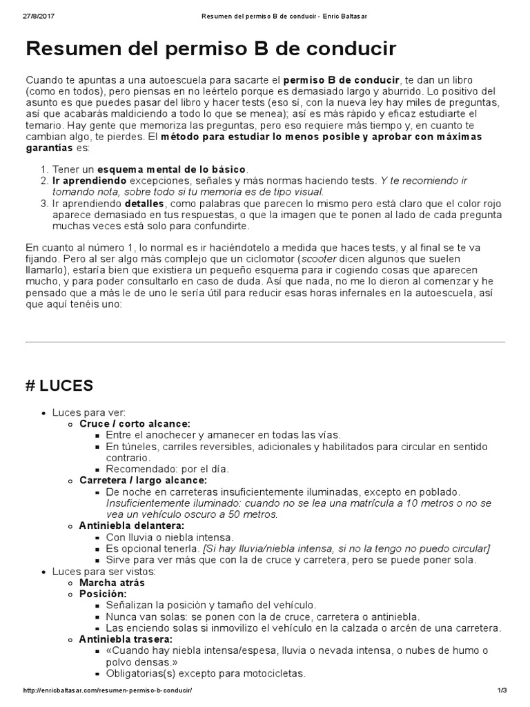 Resumen Del Permiso B de Conducir - Enric Baltasar | PDF | Motocicleta ...