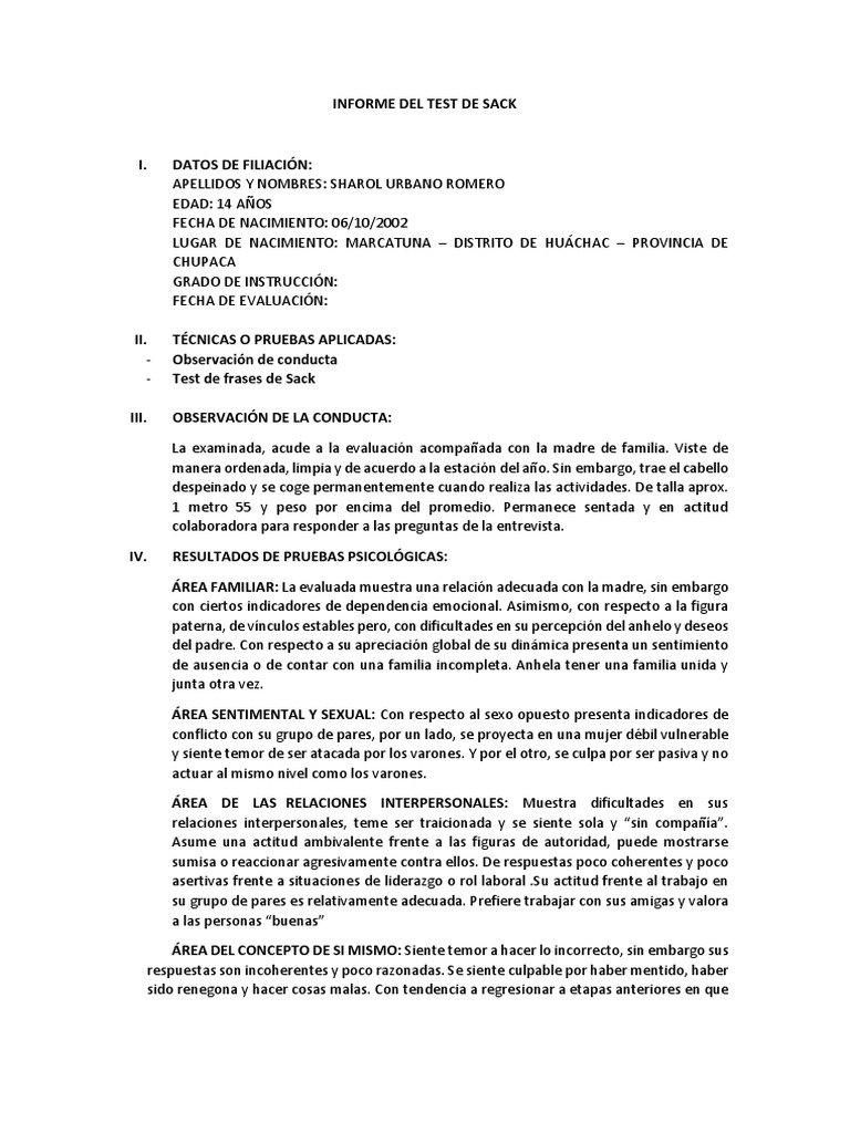 Informe Del Test de Sack | PDF | Hombre | Actitud (psicología)